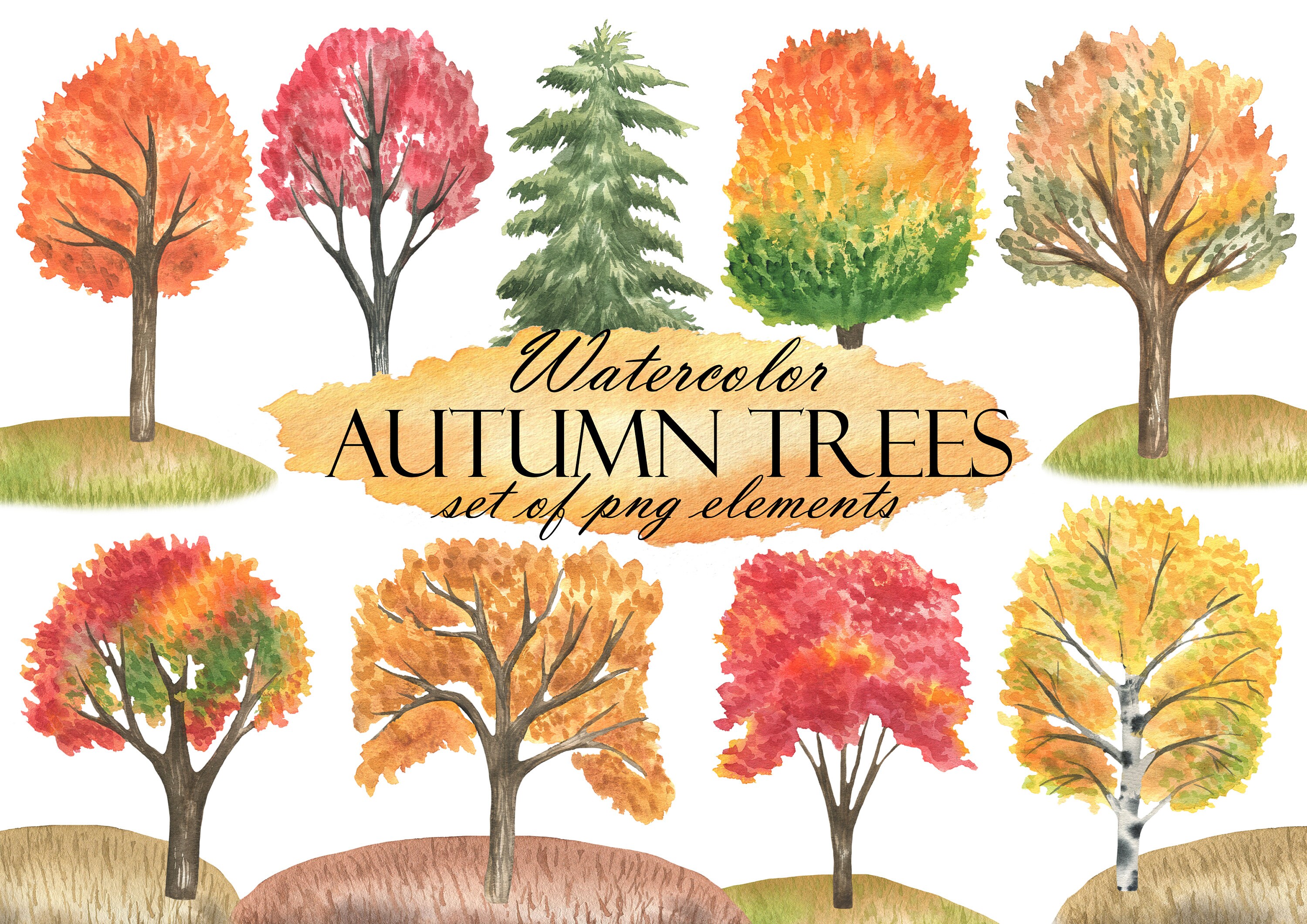 Fall Tree Watercolor Clipart, Autumn Forest Trees Landscape Clip Art ...