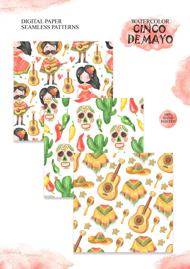 Conjunto de papel digital Acuarela Cinco de Mayo, patrones sin costuras ...