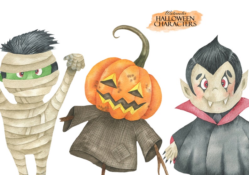 Watercolor Halloween Characters Clipart, Halloween Zombie, Witch ...