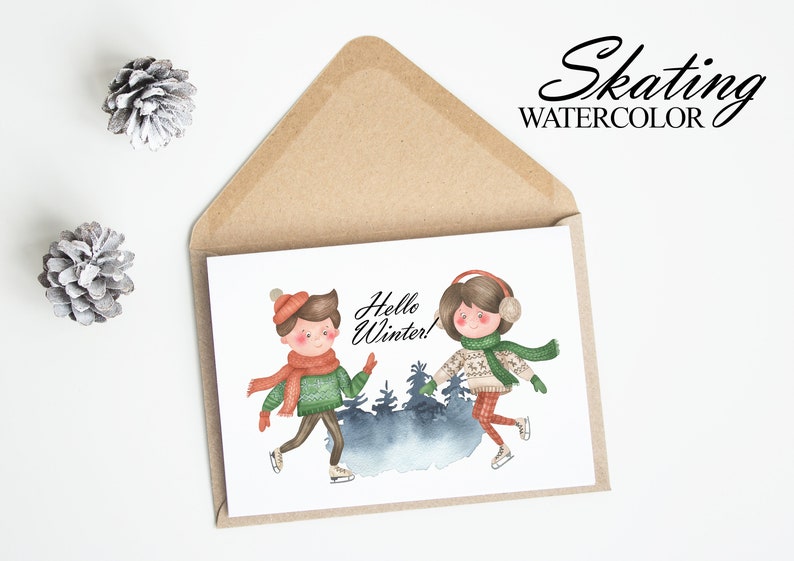 Watercolor Ice Skating Clipart, Ice Skaters Characters Clipart, Winter ...