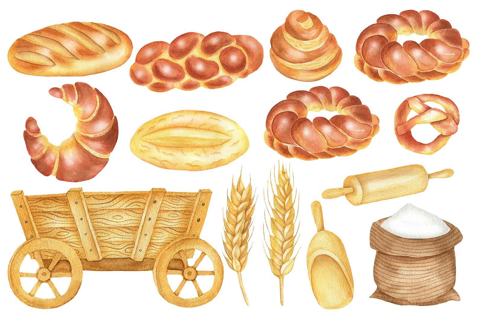Watercolor Baking, Bread Clipart, Baked Foods, Breakfast, Dessert, Cake ...