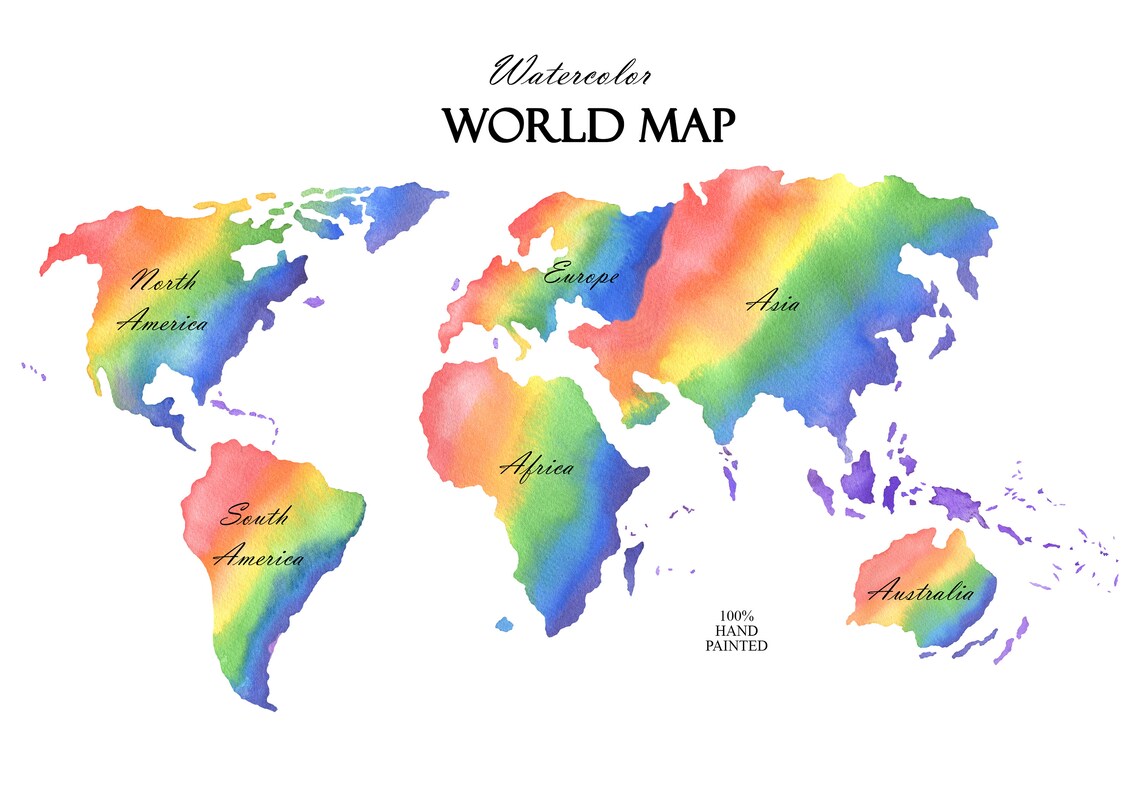 Watercolor World Map Clipart, Watercolor Continents Clip Art, Rainbow ...
