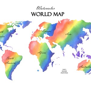 Watercolor World Map Clipart, Watercolor Continents Clip Art, Rainbow ...