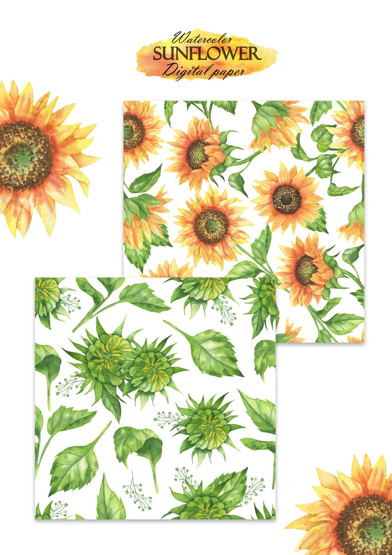 Watercolor Sunflowers Digital Paper Pack, Seamless Patterns, Textile ...