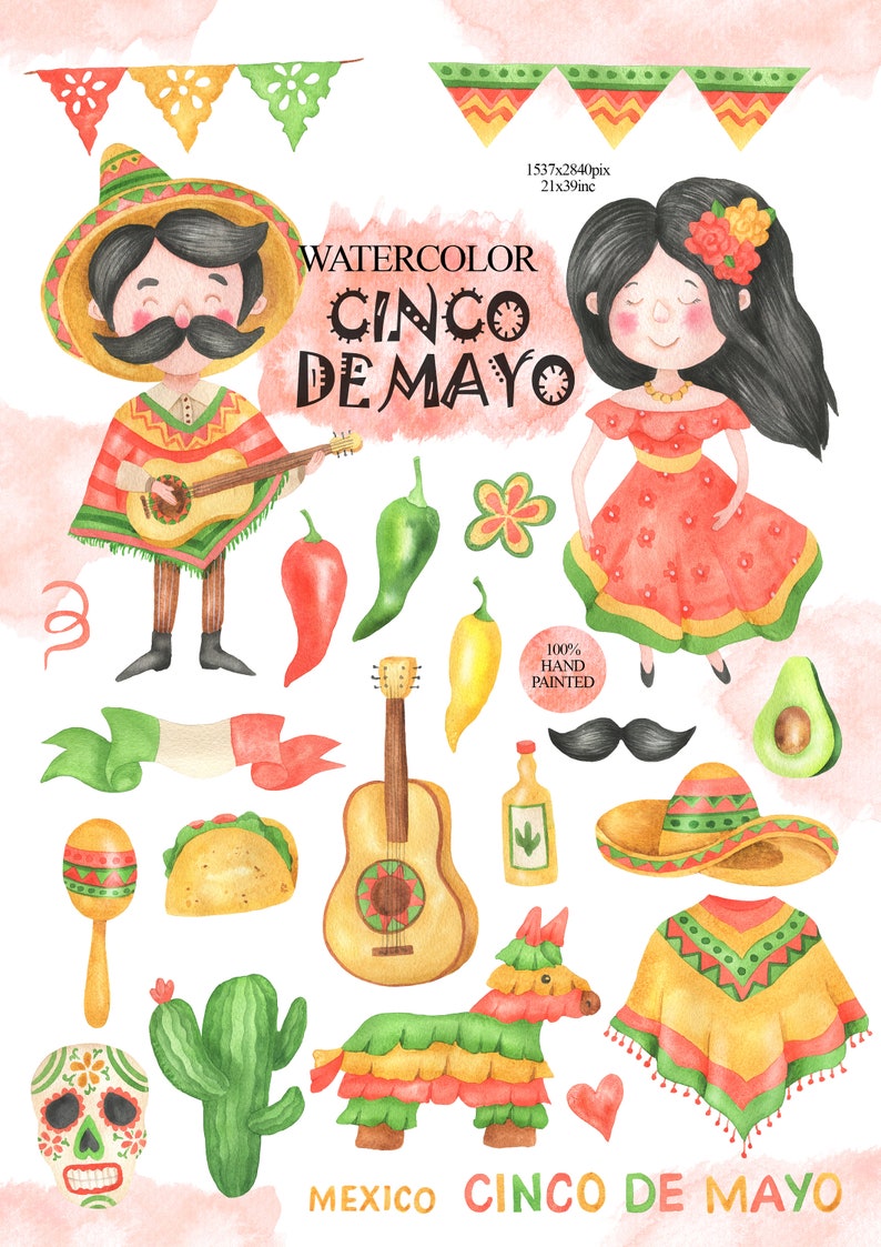 Watercolor Cinco De Mayo Clip Art, Fiesta Party Clipart, Mexican ...