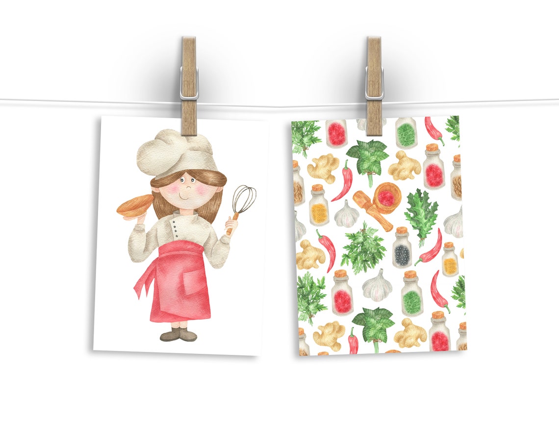 Kitchen Utensils and Chef Watercolor Clipart, Kitchen Wood Tools, Herbs ...