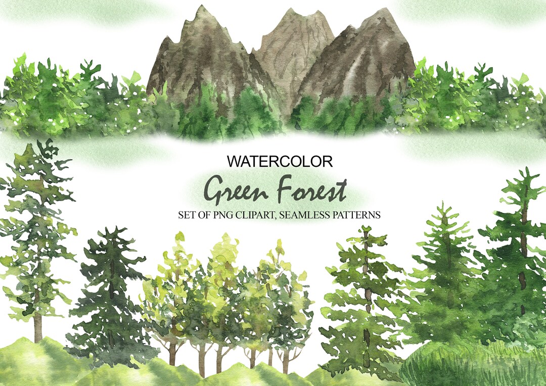 Watercolor Forest Tree Clipart, Woodland Pine Trees, Landscapes ...
