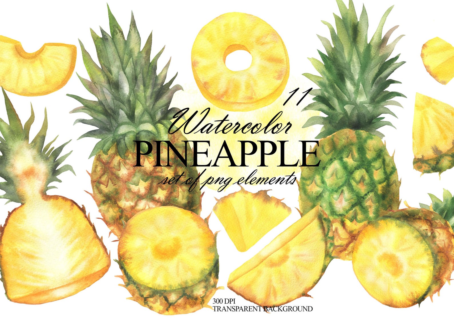 Tropical Watercolor Pineapple Clipart Set, Vibrant Pineapple Graphics ...