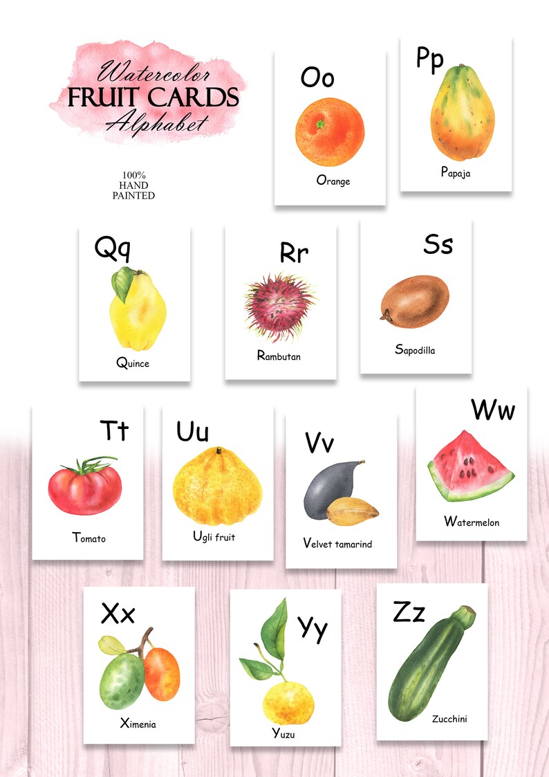 Watercolor Fruit Alphabet ABC Card, Learning Letters, Printable ...