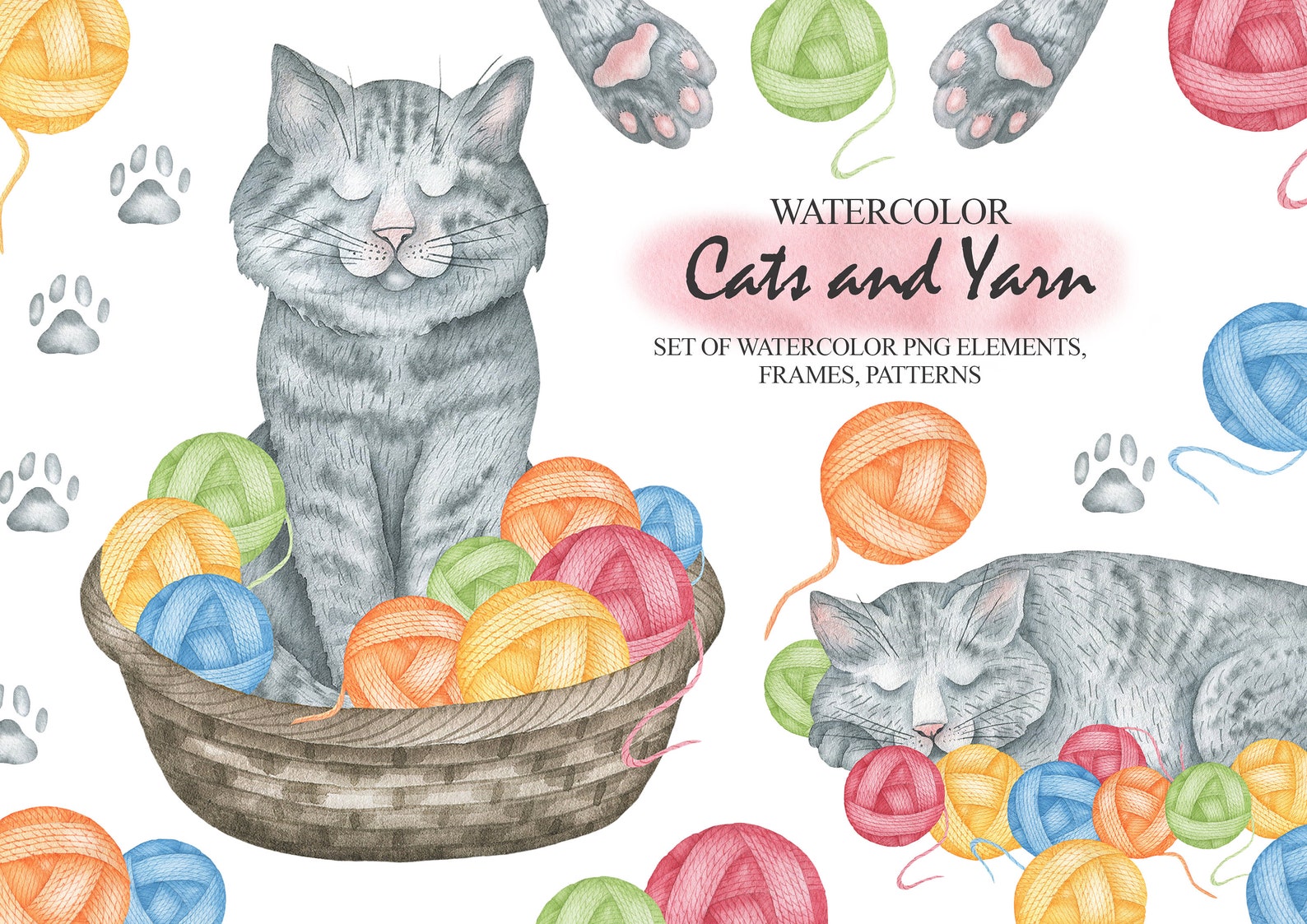 Watercolor Cats and Yarn Clipart, Kittens Clip Art, Pet Portrait ...