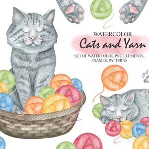 Watercolor Cats and Yarn Clipart, Kittens Clip Art, Pet Portrait ...