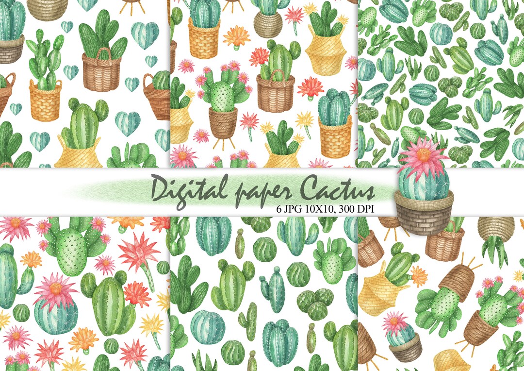 Cactus Digital Paper, Watercolor Summer Tropical Potted Cactuses ...