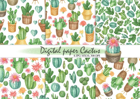 Cactus Digital Paper Watercolor Summer Tropical Potted - Etsy