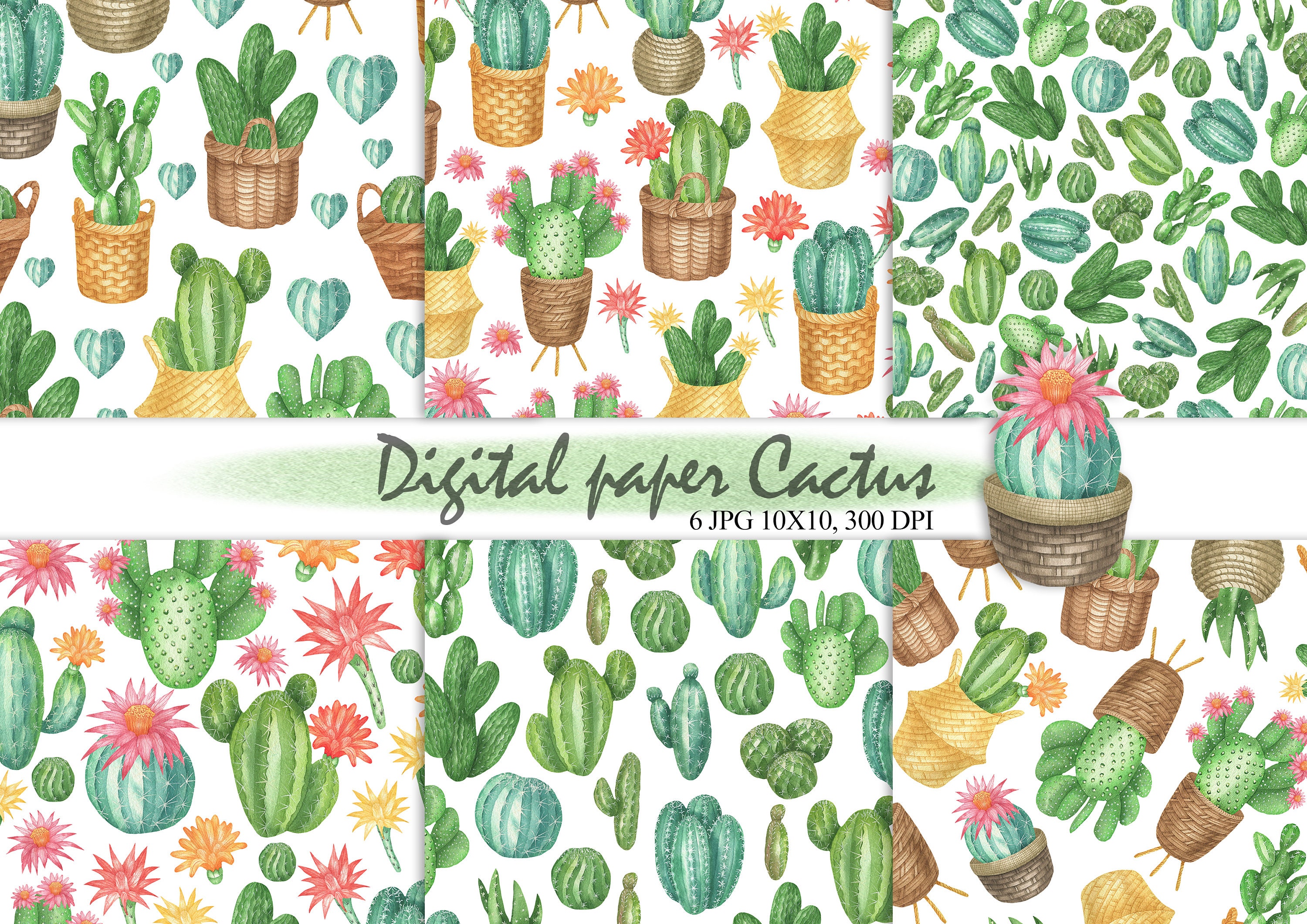 Cactus Digital Paper, Watercolor Summer Tropical Potted Cactuses ...