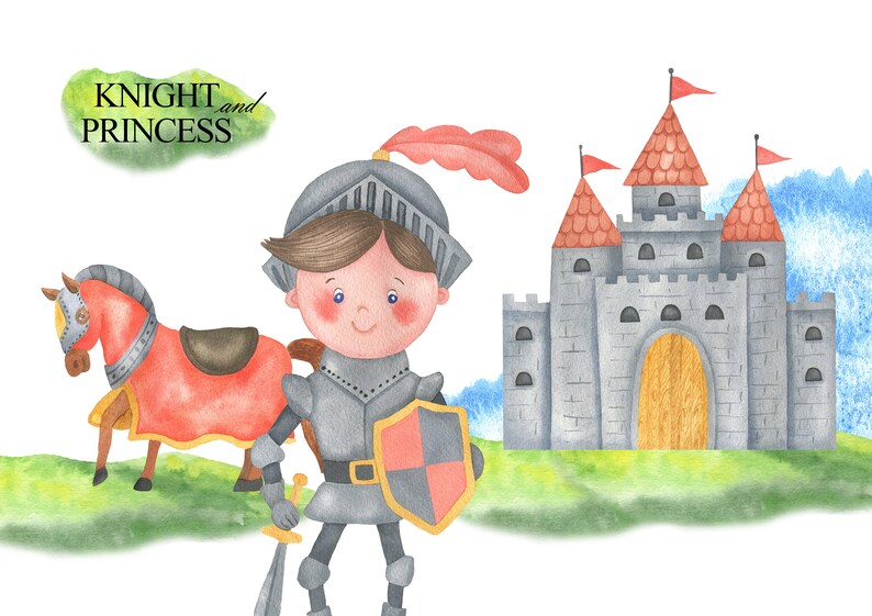 Watercolor Knight and Princess Clipart, Dragon and Castle Clip Art ...