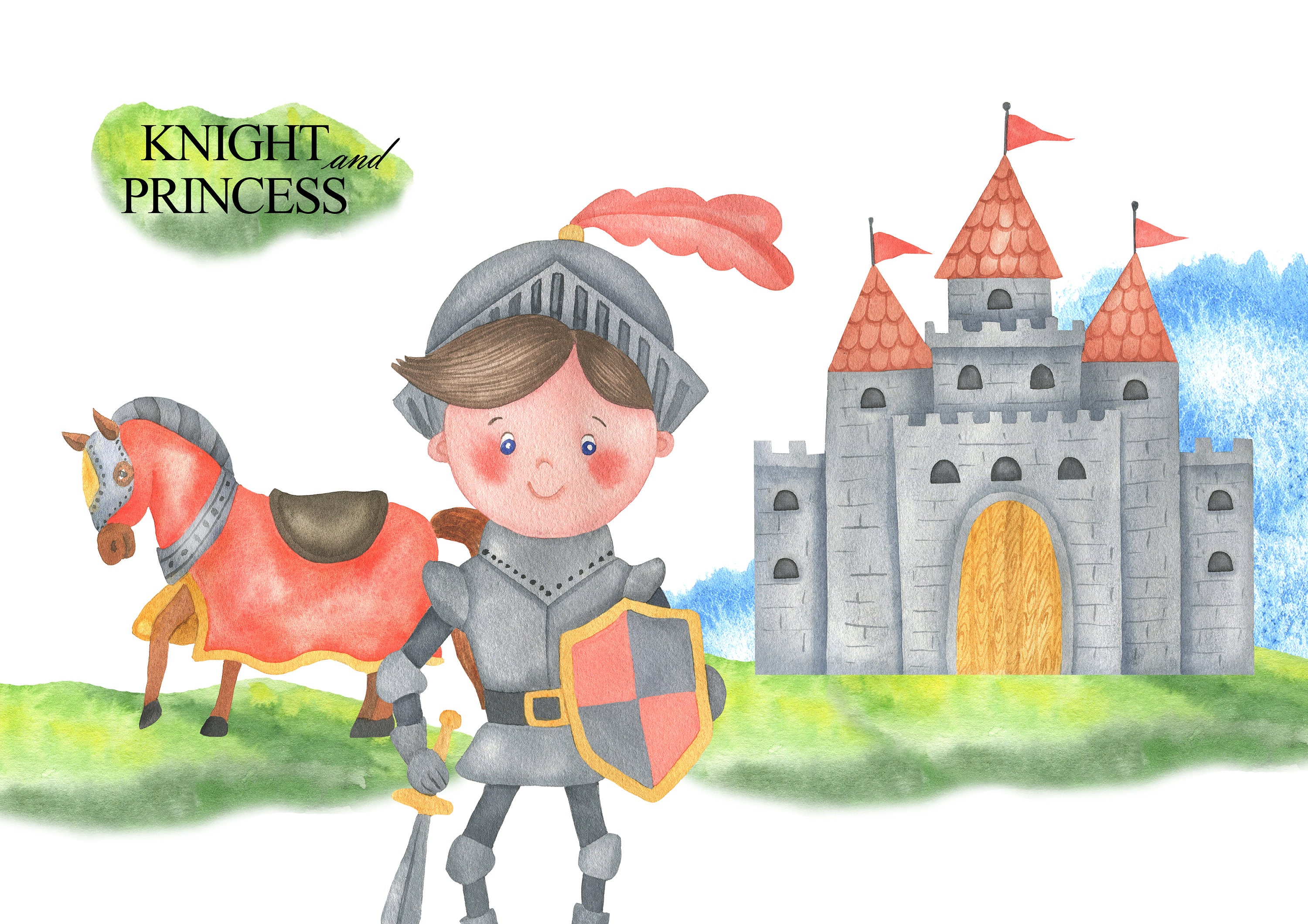 Watercolor Knight and Princess Clipart, Dragon and Castle Clip Art ...