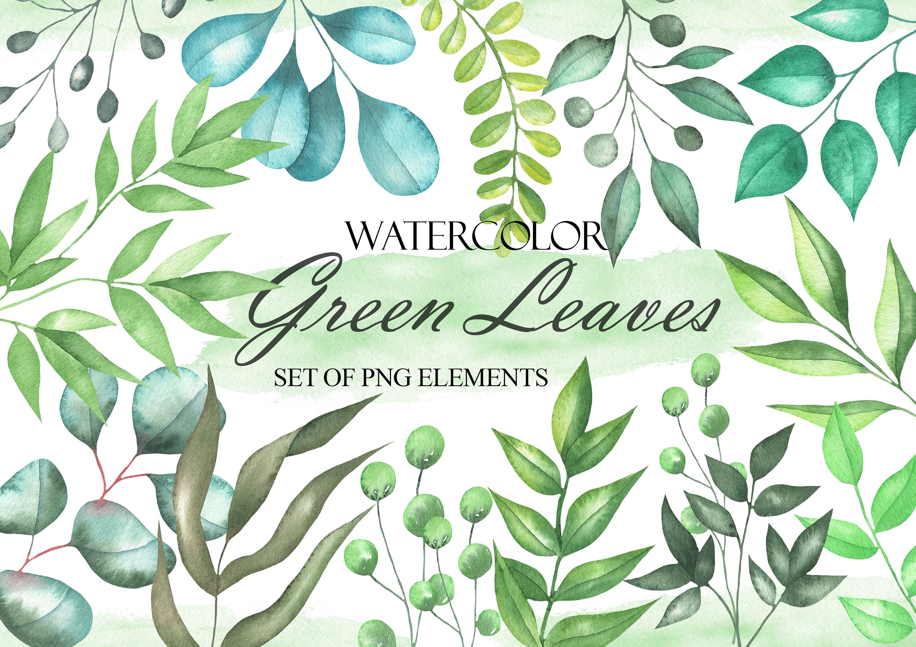 Watercolor Greenery Clipart, Green Leaves, Branches, Foliage Clip Art ...