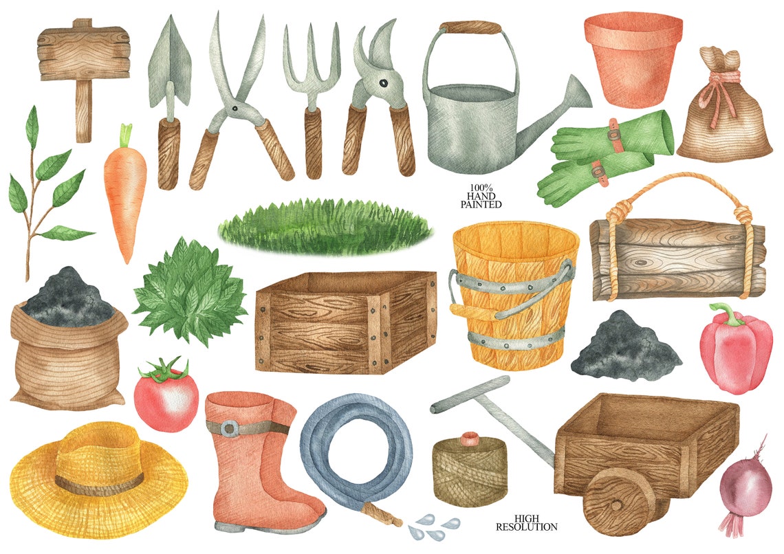 Watercolor Gardening Clipart Garden Tools and Supplies - Etsy