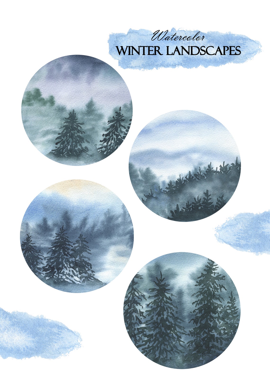 Watercolor Winter Landscape Clipart, Winter Woodland, Snowy Forest Png ...
