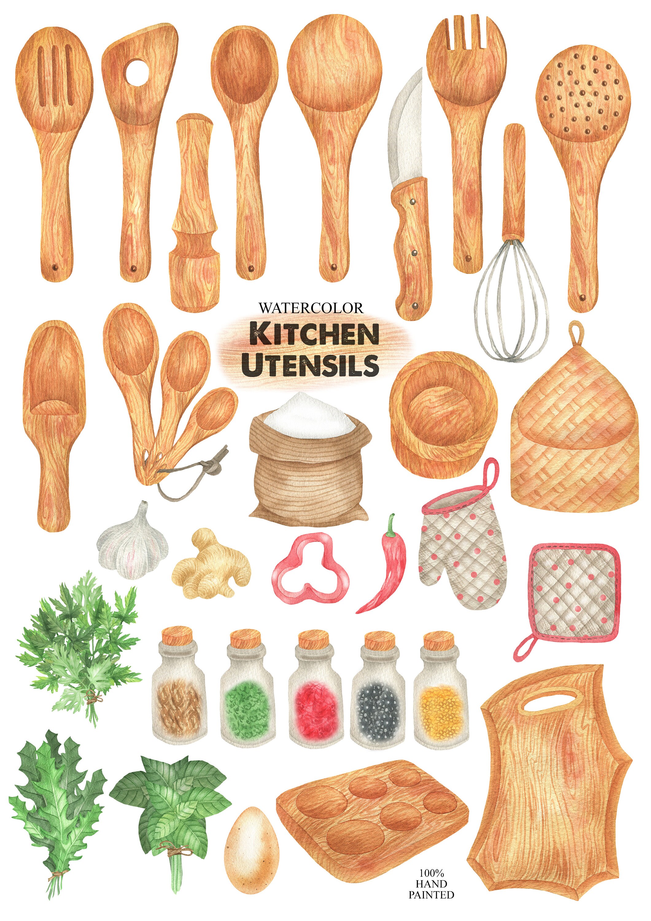 Kitchen Utensils Watercolor Clipart, Kitchen Wood Tools, Herbs and ...