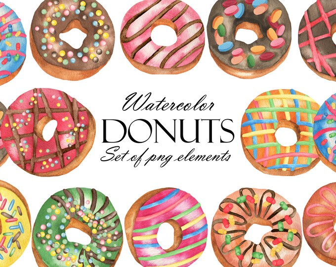 Watercolor Donuts Clipart, Bakery Clipart, Watercolor Doughnut, Dessert ...