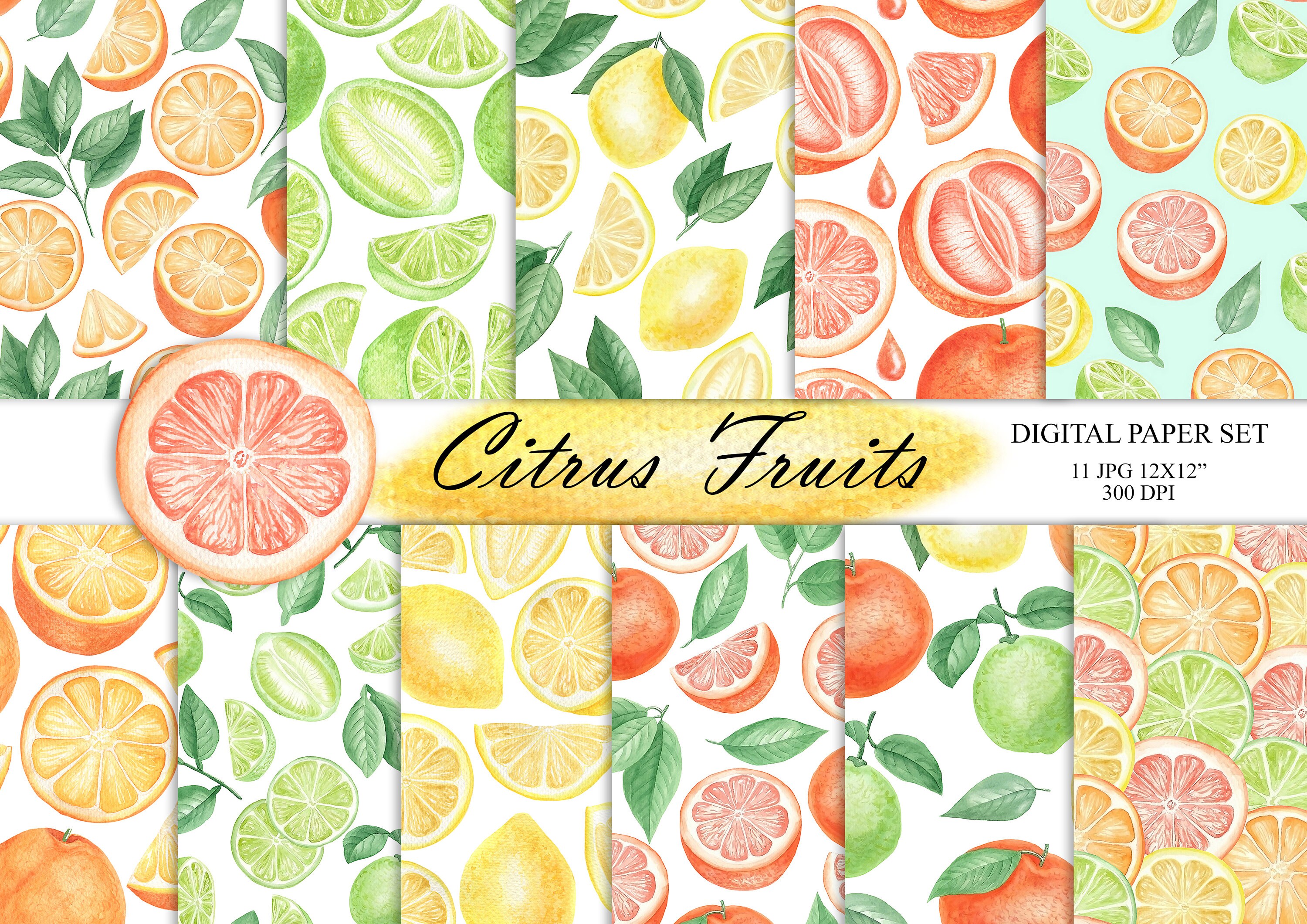 Watercolor Citrus Fruits Digital Paper Lemon Lime Orange - Etsy