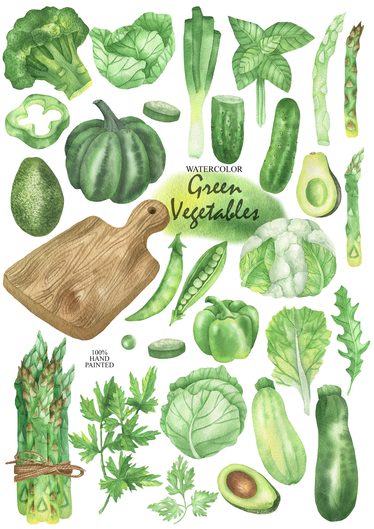 Watercolor Vegetables Clipart, Green Pumpkin, Avocado, Onion, Broccoli ...