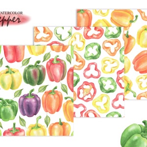 Watercolor Pepper Digital Paper, Kitchen Vegetable Peppers Digital ...