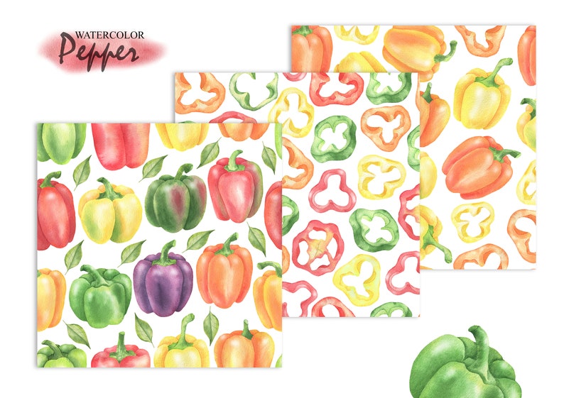 Watercolor Pepper Digital Paper, Kitchen Vegetable Peppers Digital ...