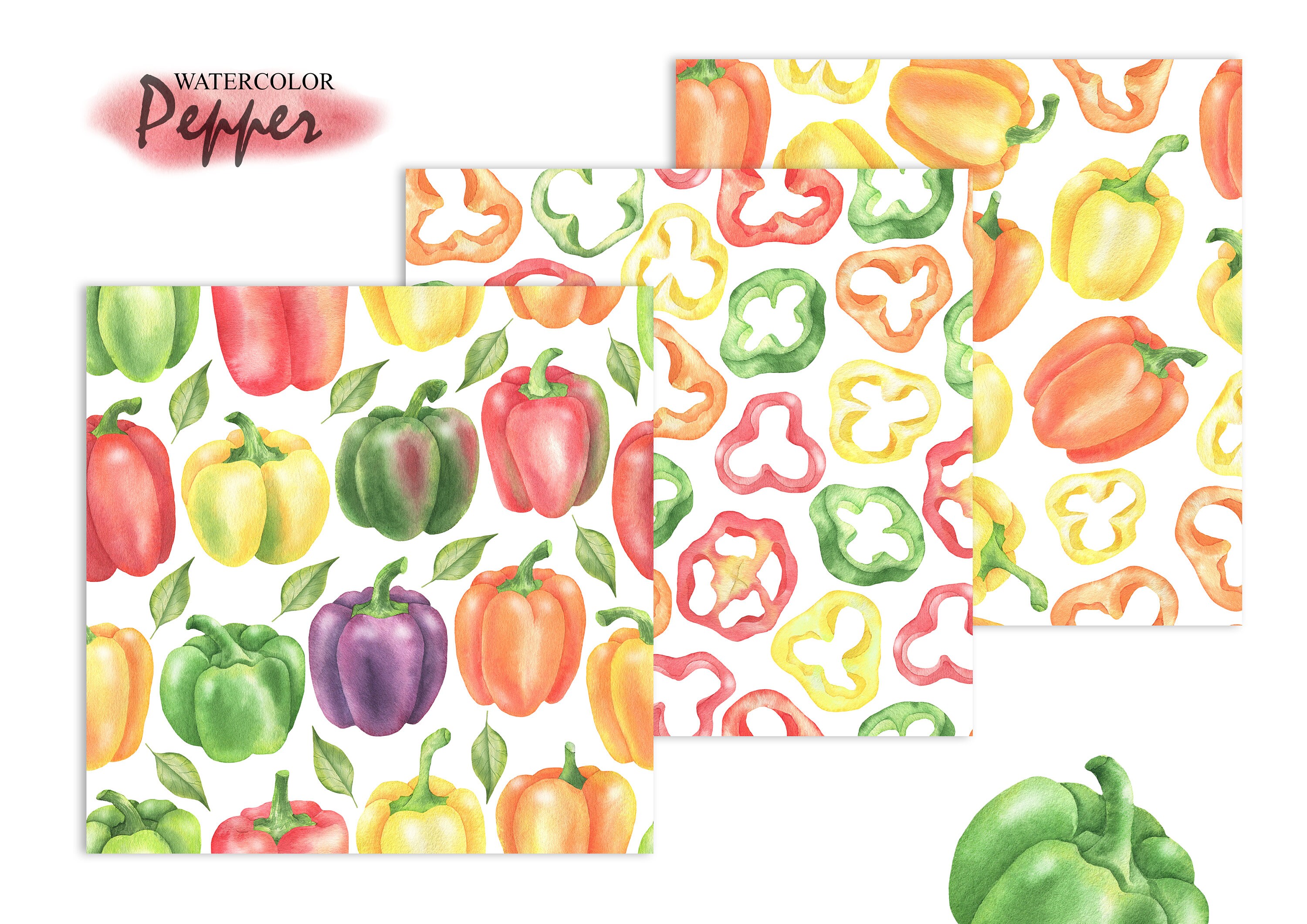 Watercolor Pepper Digital Paper, Kitchen Vegetable Peppers Digital ...