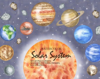 Watercolor Space Planets Clipart. Solar System Download. Outer Space ...