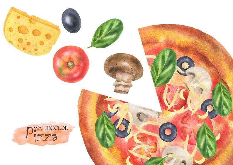 Watercolor Pizza Clipart, Pizza Ingredients Clip Art, Make Your Own ...