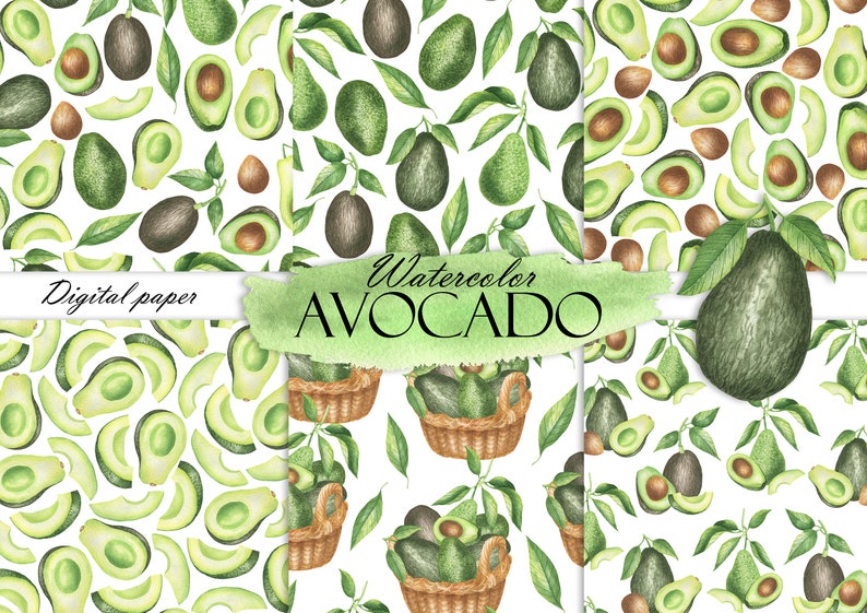 Watercolor Avocado Digital Paper, Avocado Seamless Pattern, Summer ...