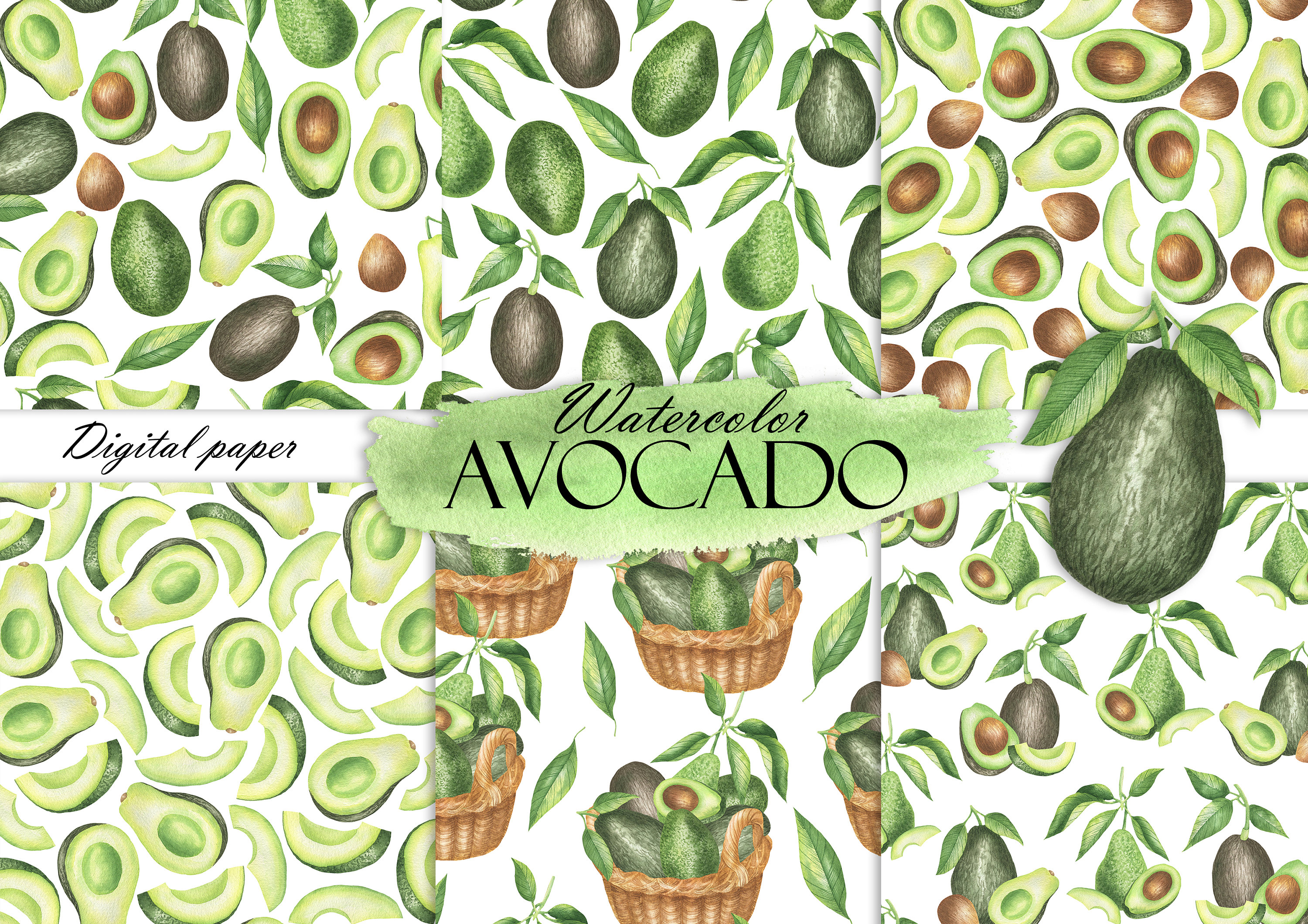 Watercolor Avocado Digital Paper, Avocado Seamless Pattern, Summer ...