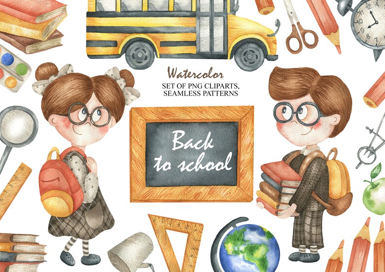 Watercolor Back to School Clipart First Day of School Digital - Etsy