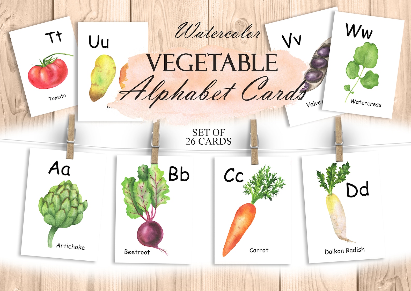Watercolor Vegetable Alphabet Flash Cards, Montessori Learning (digital ...