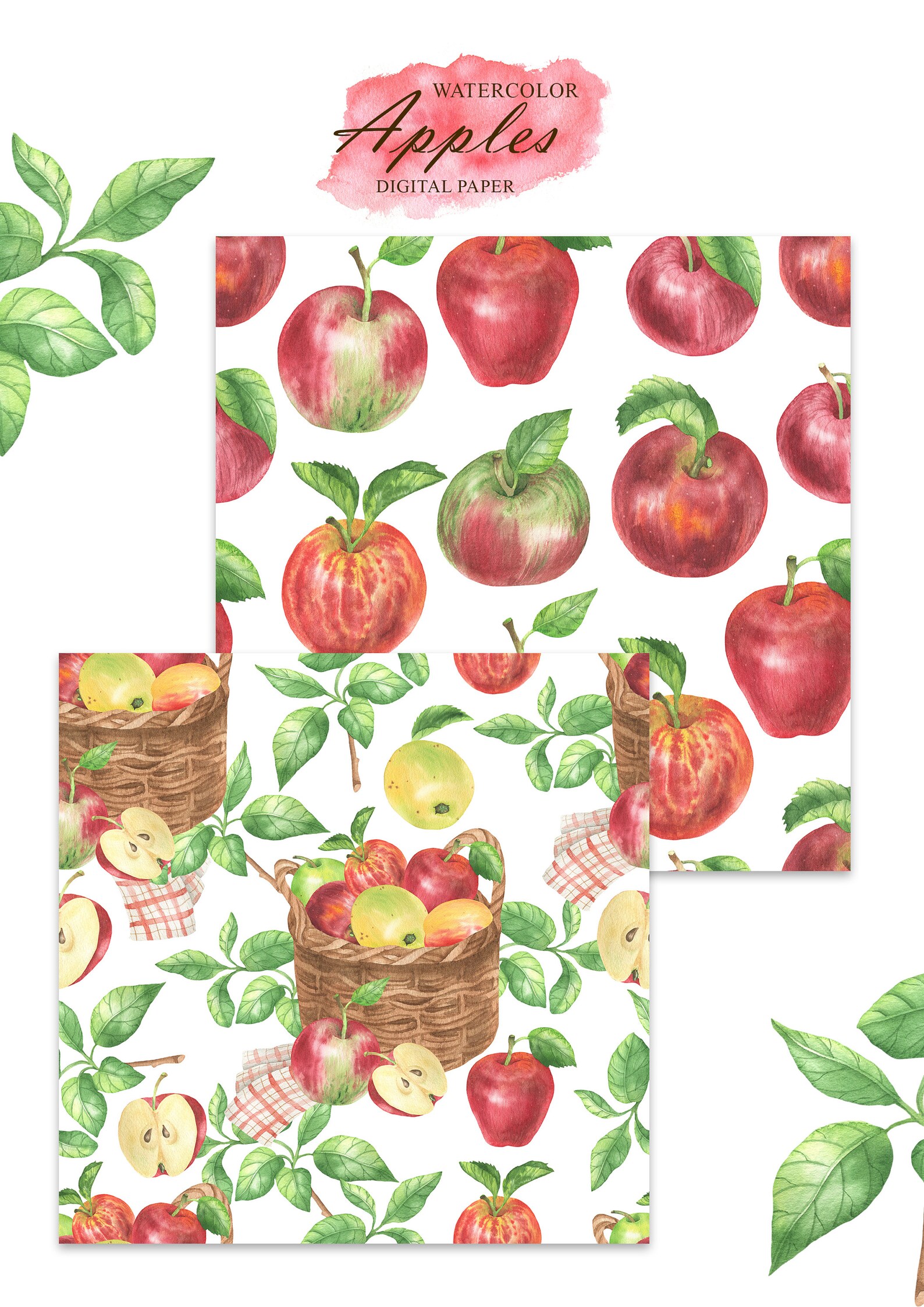 Watercolor Apples Digital Paper, Apple Seamless Pattern, Fruit Paper ...