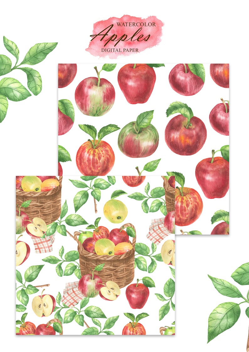 Watercolor Apples Digital Paper Apple Seamless Pattern Fruit | Etsy