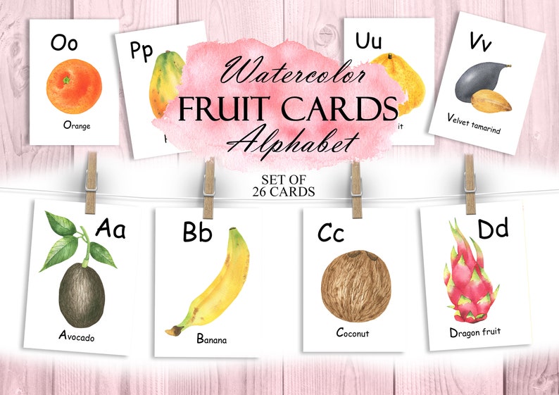 Watercolor Fruit Alphabet ABC Card, Learning Letters, Printable ...