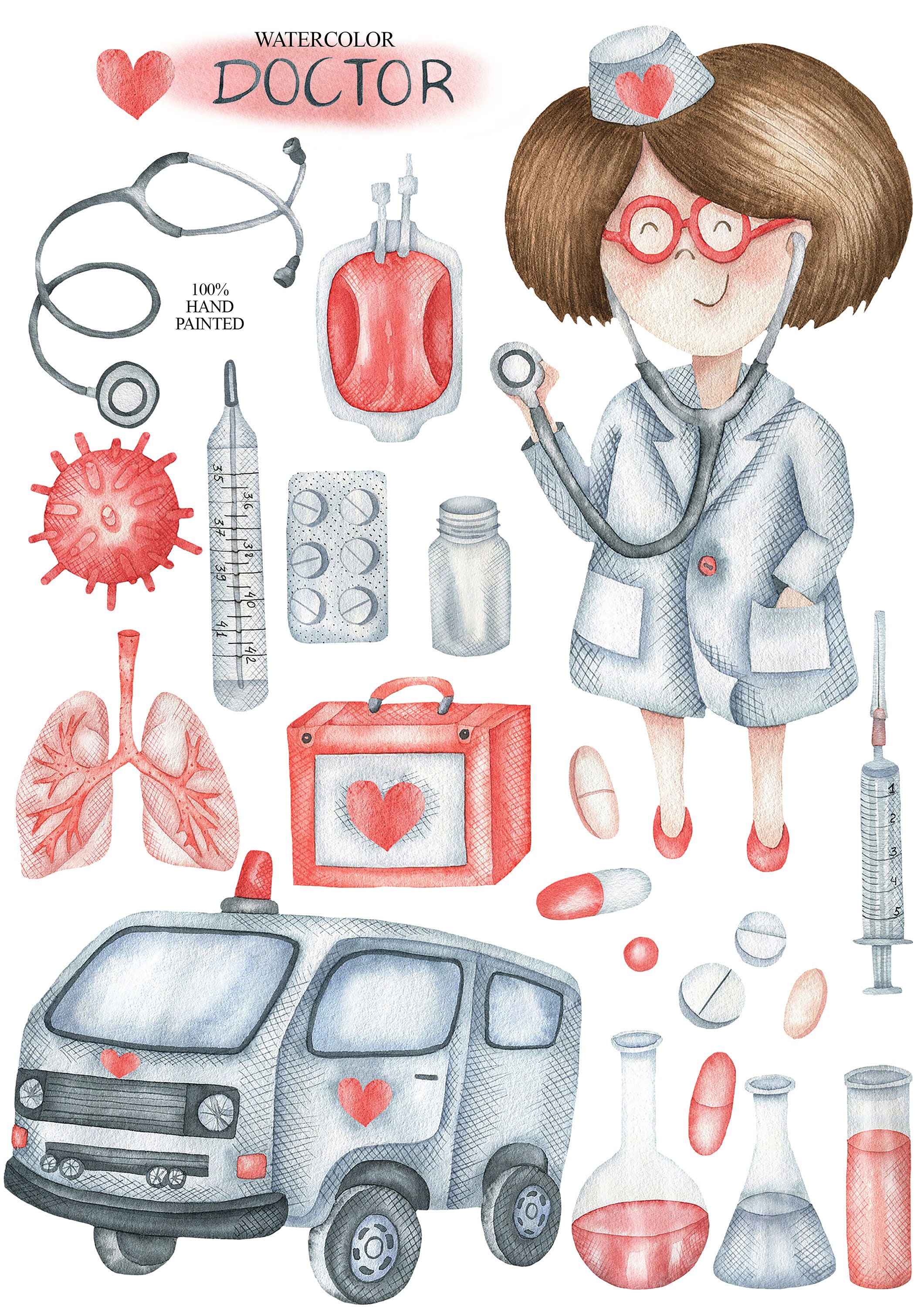Watercolor Medical Clipart, Doctor Clip Art, Ambulance, Quarantine ...
