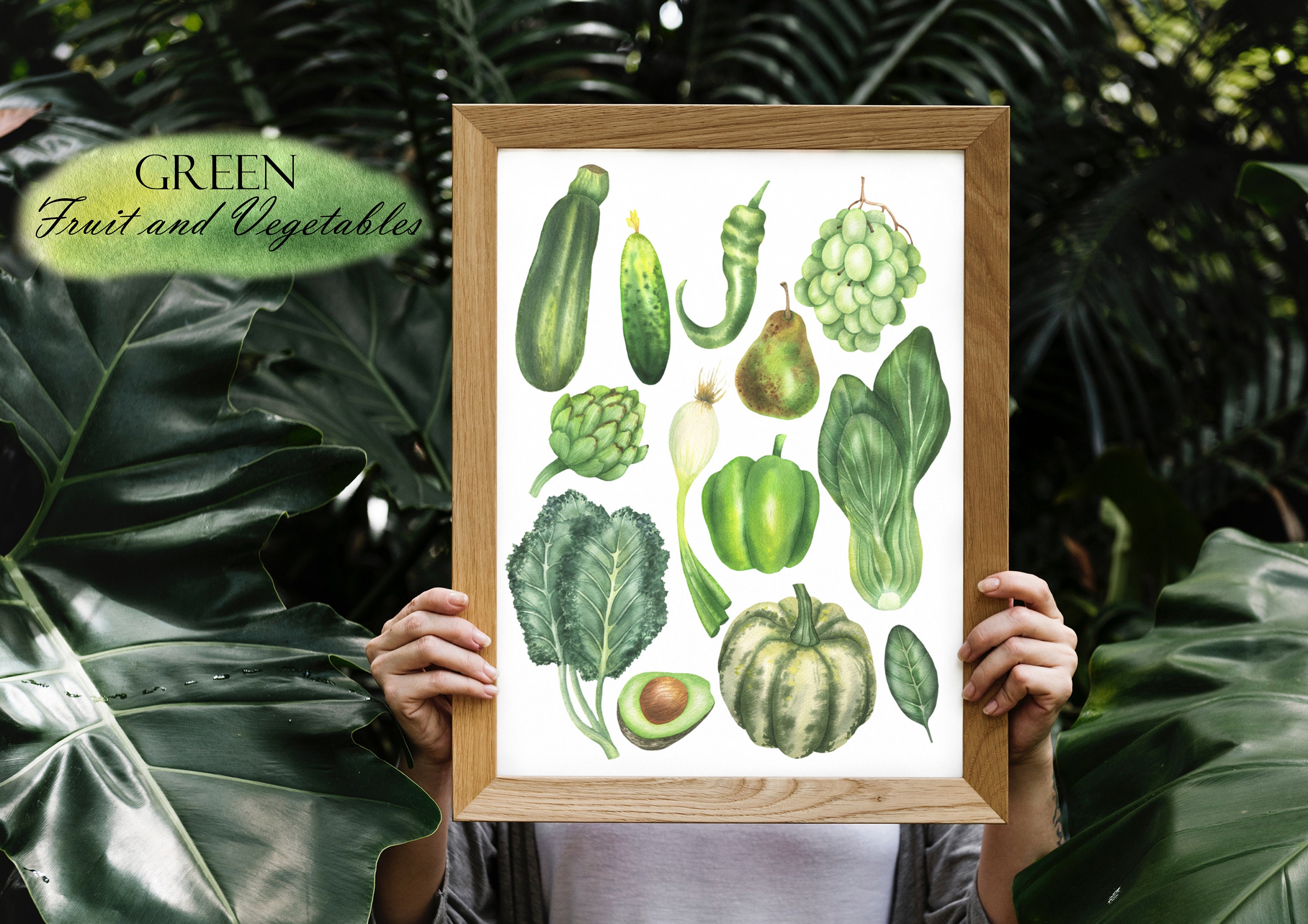 Watercolor Green Fruit and Vegetables Clipart, Farm and Kitchen ...