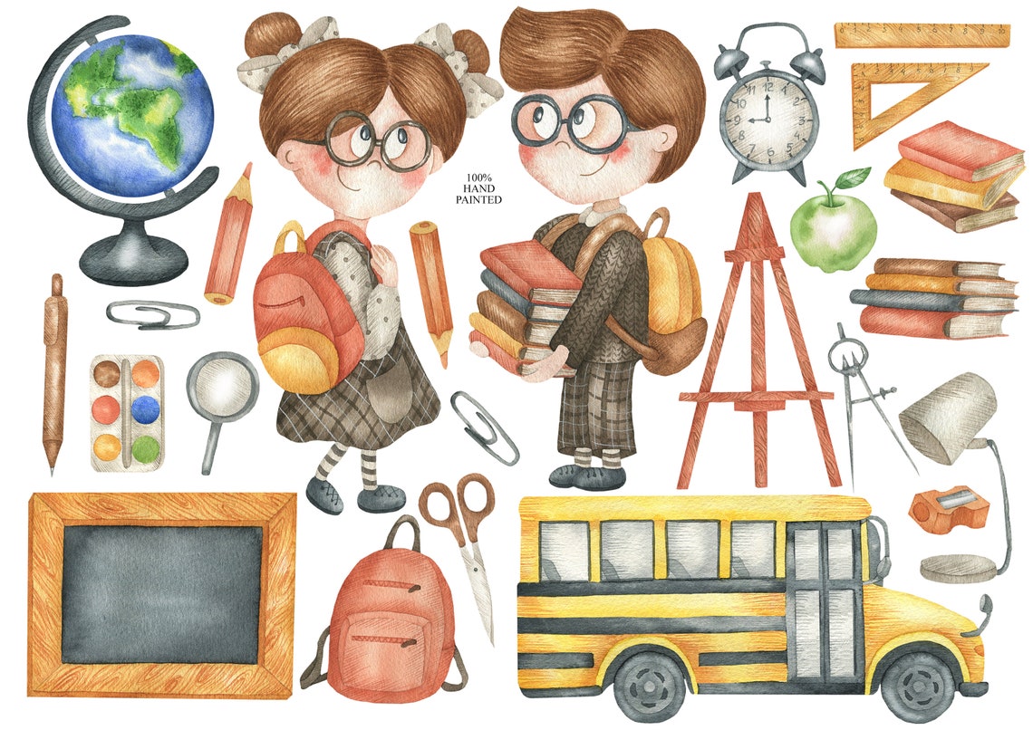 Watercolor Back to School Clipart First Day of School Digital - Etsy