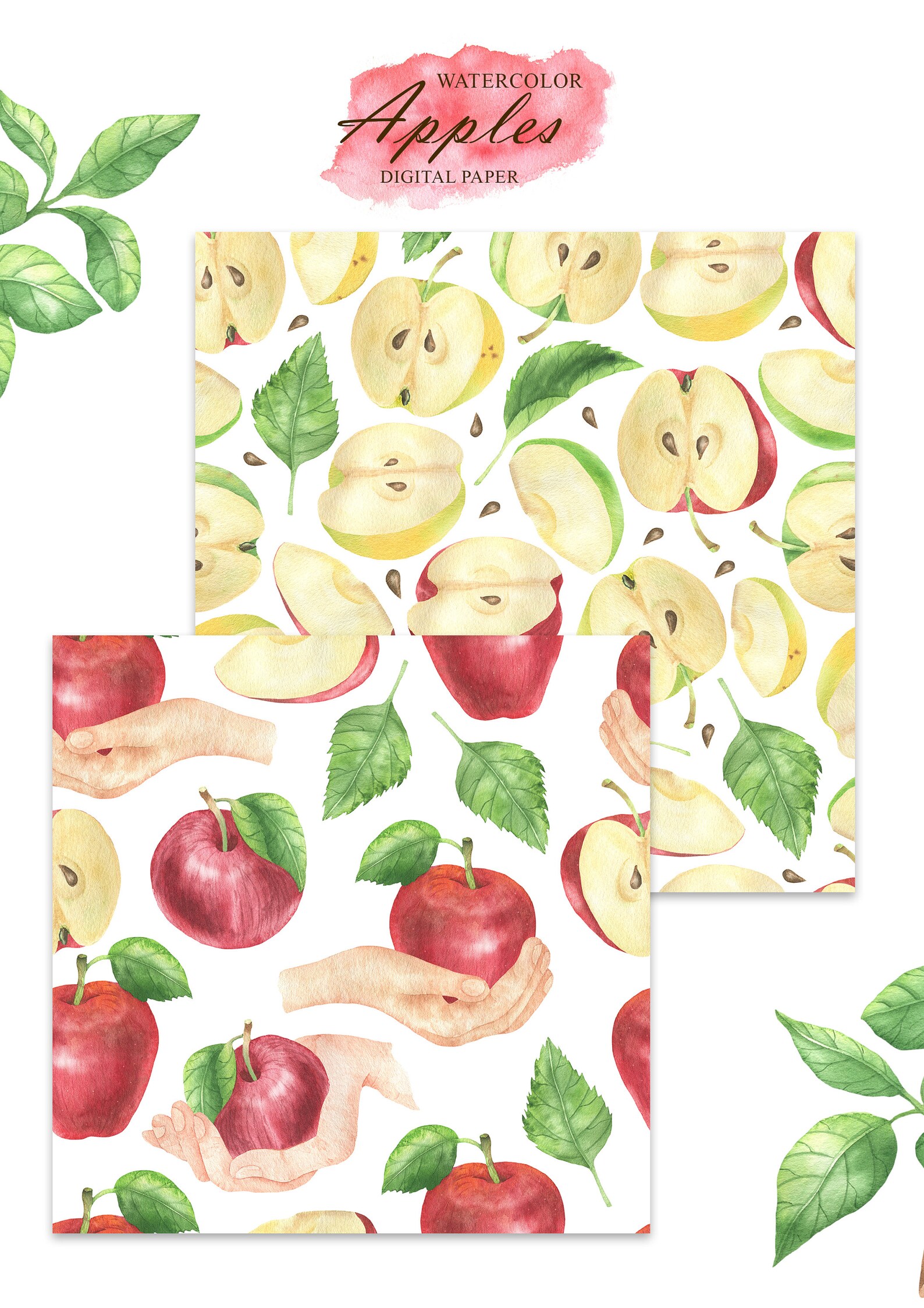 Watercolor Apples Digital Paper, Apple Seamless Pattern, Fruit Paper ...