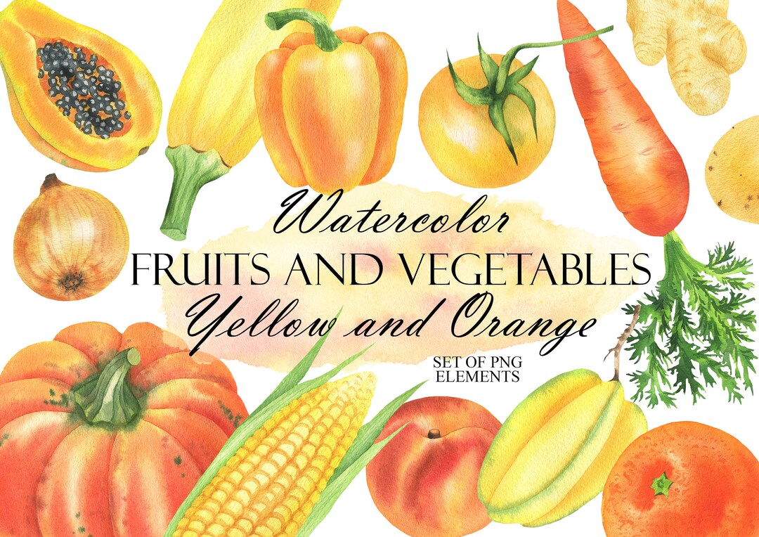Watercolor Yellow and Orange Fruits & Vegetables Clipart (PNG) - Etsy