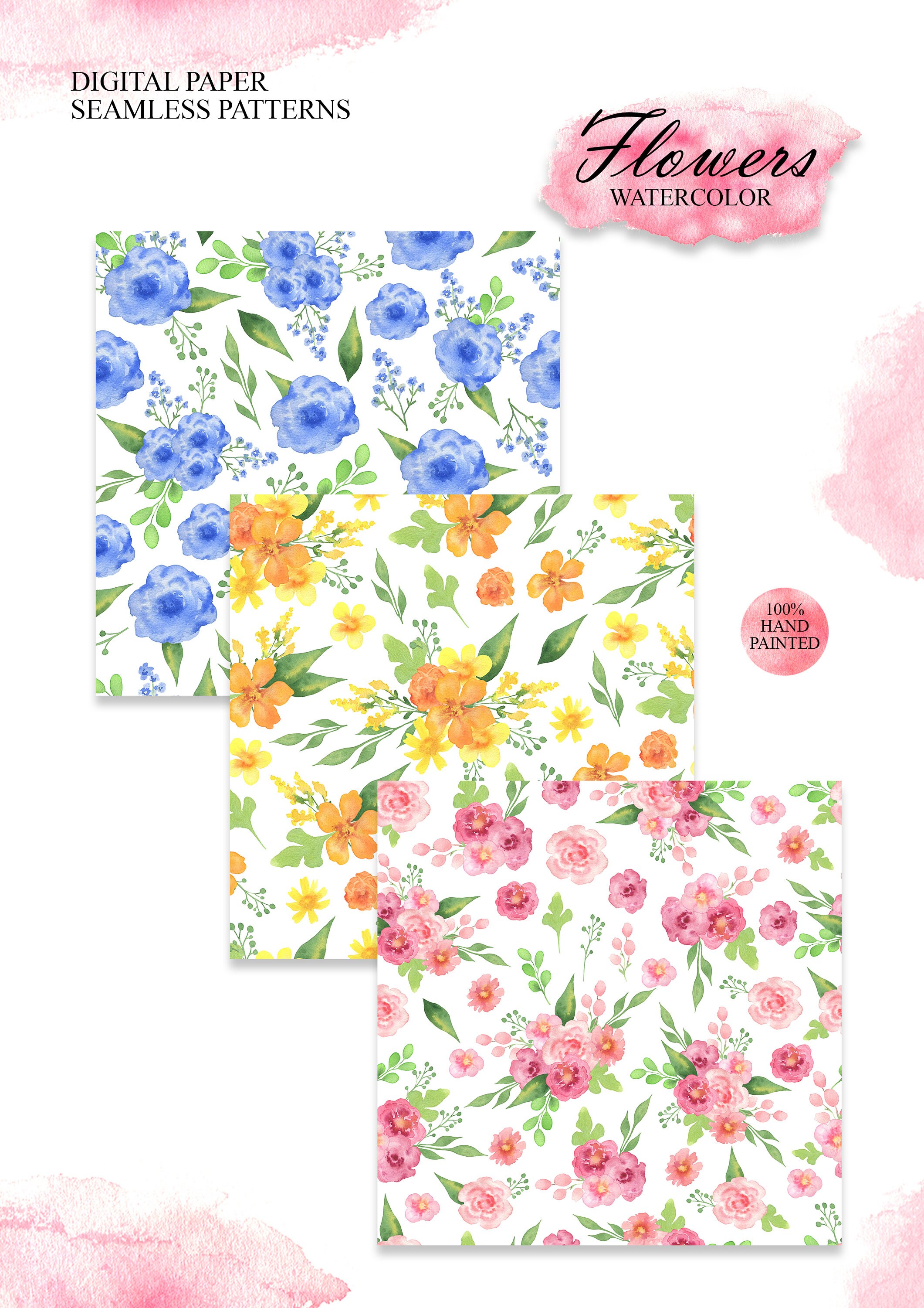 Flower Digital Paper Pack, Watercolor Seamless Patterns of Flowers ...