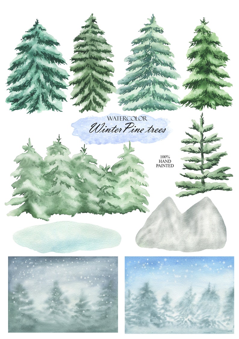 Christmas Trees Watercolor Clipart, Snowy Forest Pine, Christmas Trees ...