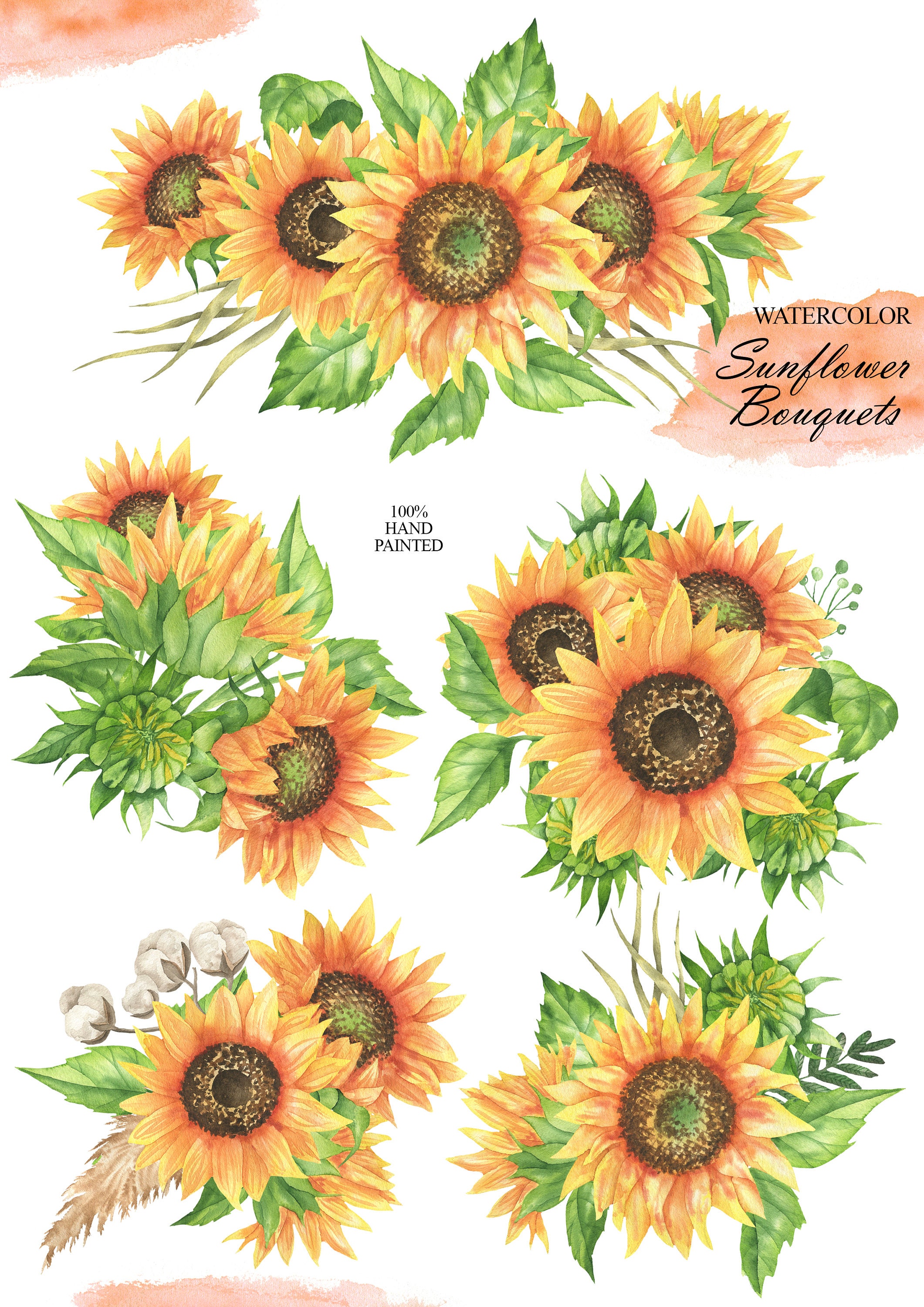 Watercolor Sunflower Bouquet Clipart, Sunflowers Wedding Invitation ...