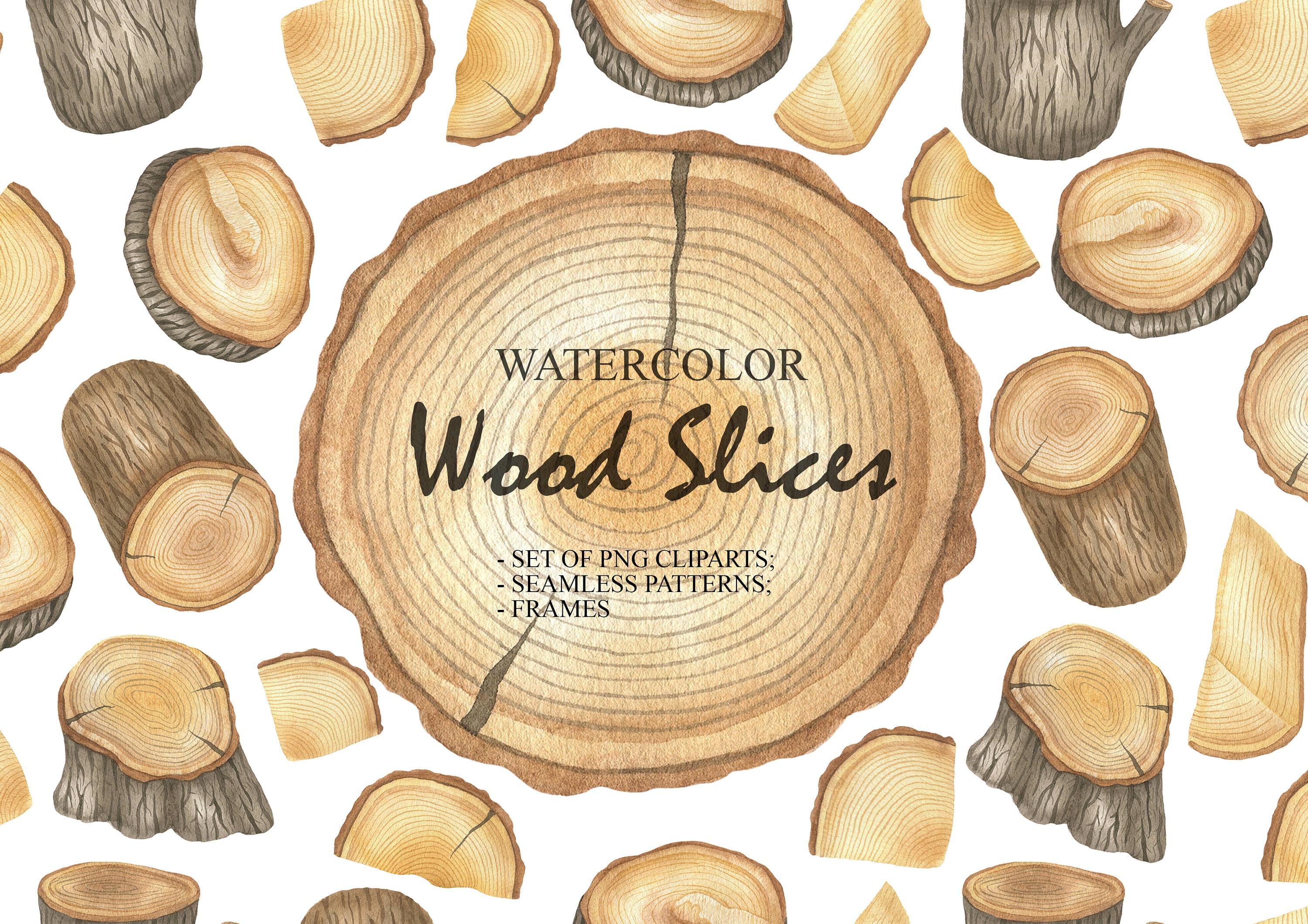 Watercolor Wood Slice Clipart, Rustic Tree Slices (instant Download PNG ...