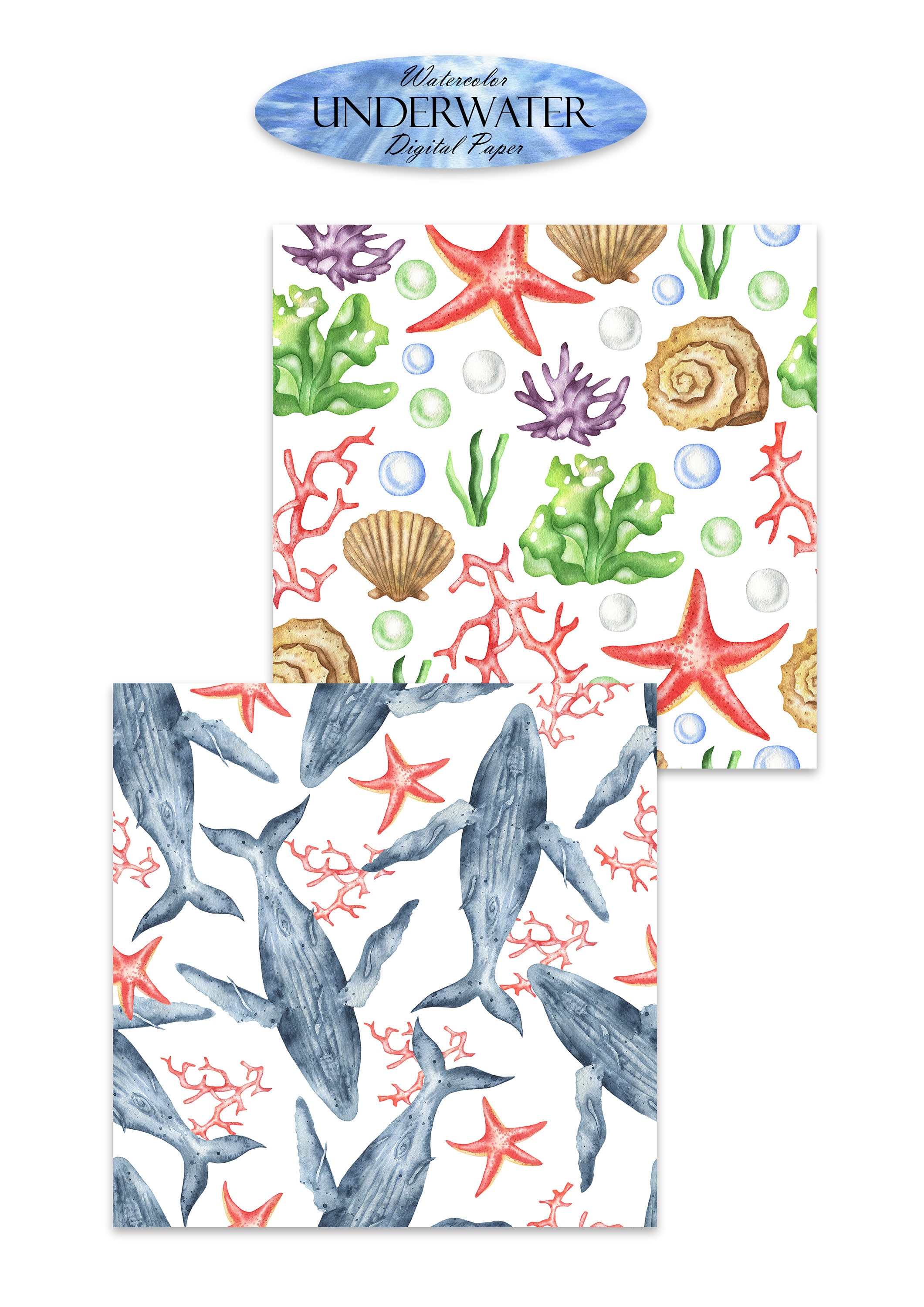 Watercolor Underwater Digital Paper, Whale Digital Paper, Sea Creatures ...