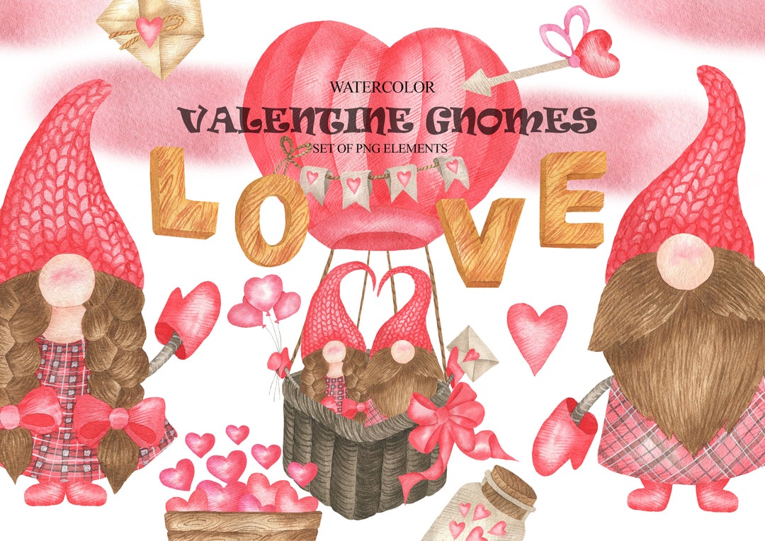 Valentine Day Gnomes Clipart, Watercolor Scandinavian Gnomes and Red ...